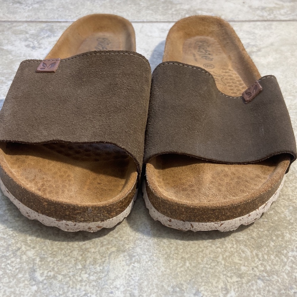 Biostep Suede Brown Leather Cork Footbed Slides - Gem